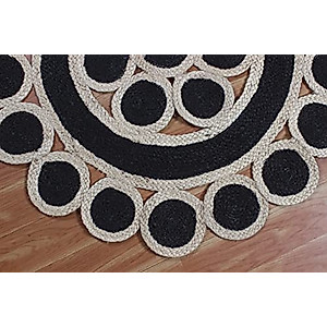 CASAVANI Cape Code Circle Area Rug - 6 x 6 Feet Beige Black Pattern Natural Jute Mat Ideal for High Traffic Area in Bedroom Bedside Round Dining Side Round Living Room Hallway and Kitchen Mat