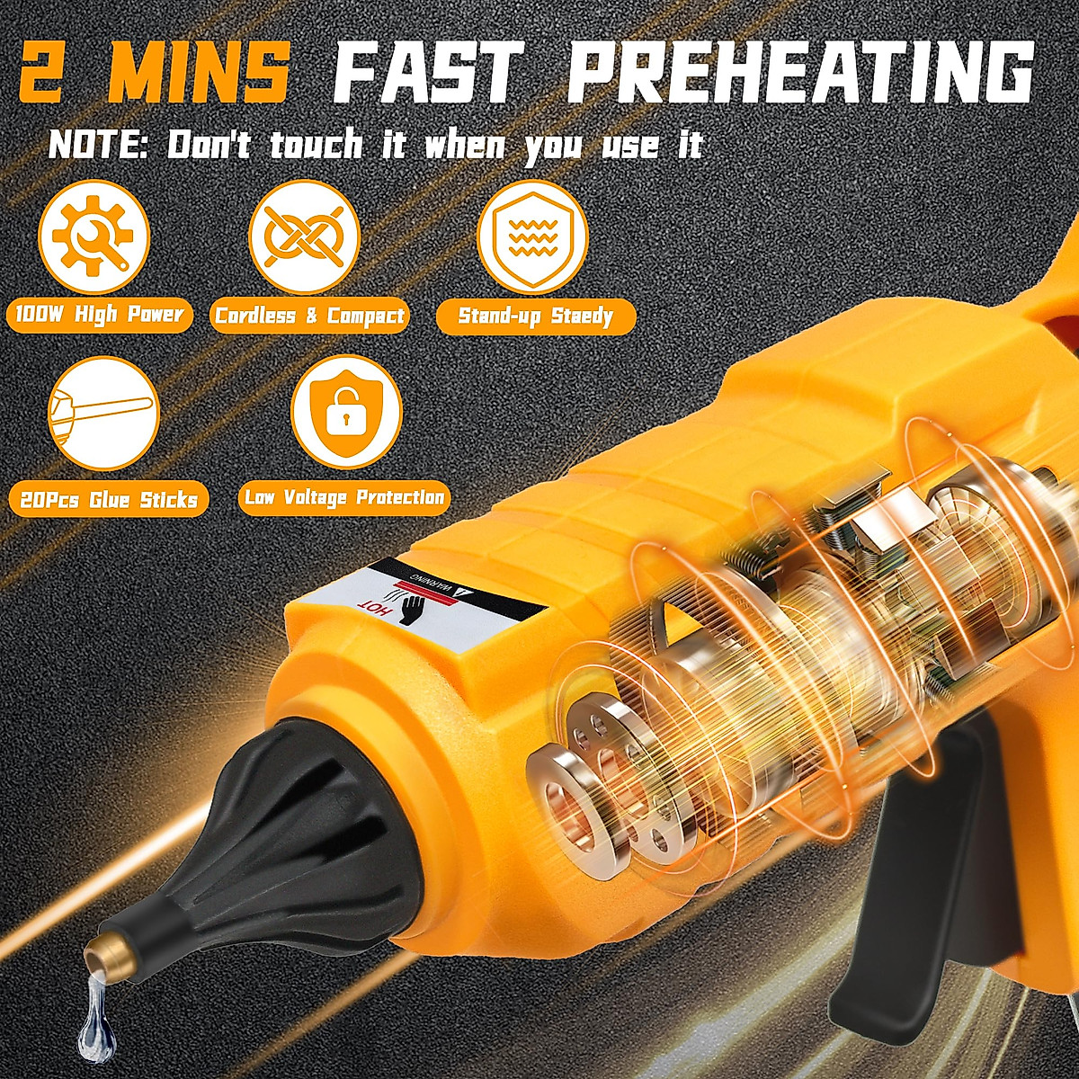 Hot Glue Gun for Dewalt 20V Battery, 100W Cordless Glue Gun Set with 20pcs Glue Sticks, Fast Heating Mini Glue Guns for Crafting DIY Craft Projects, Home Quick Repairs (Without Battery)