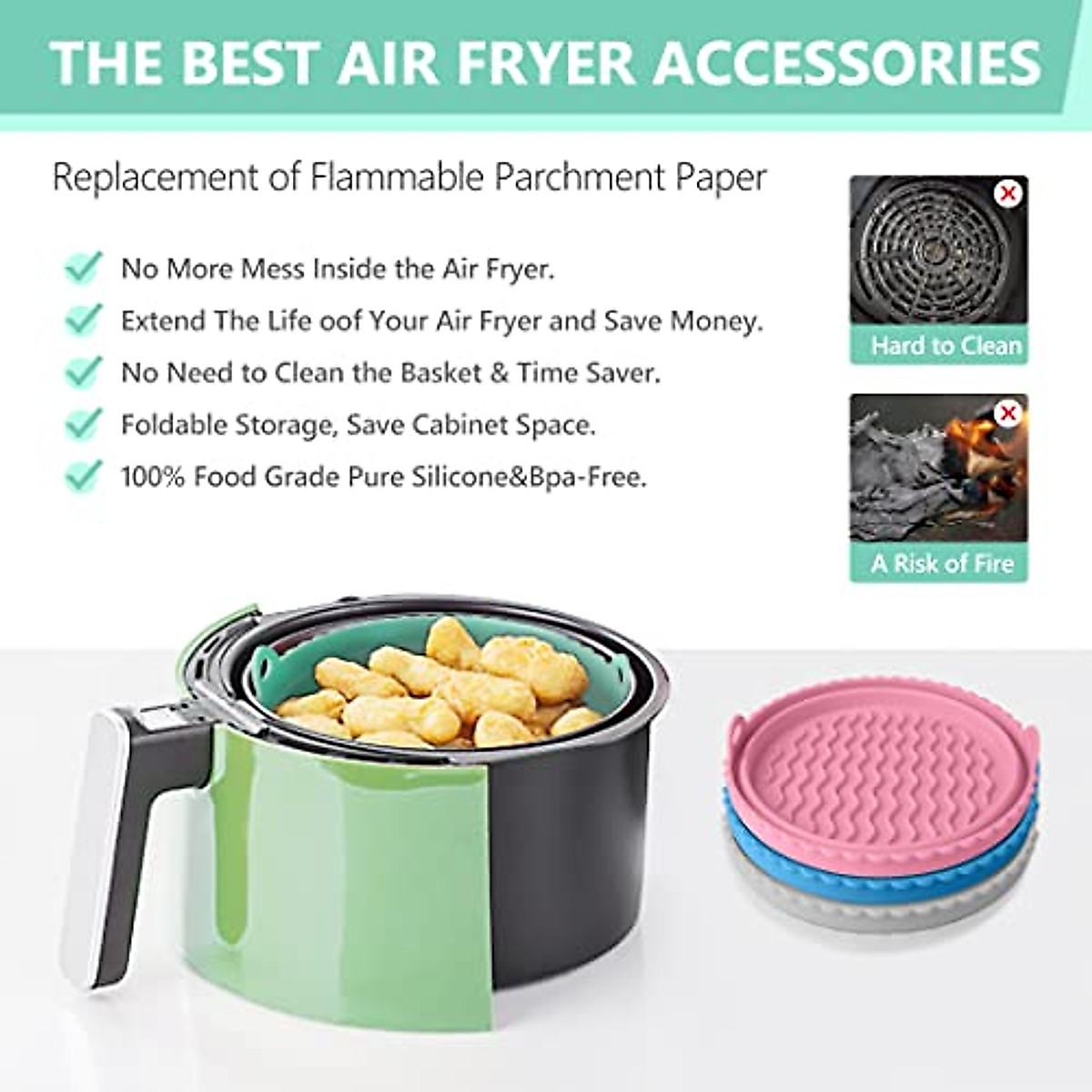 Onite Air Fryer Silicone Liners, Air Fryer Liners Square Pot for 4 to 8 QT, with Air Fryer Magnetic Cheat Sheet, Food Safe Reusable Air Fryers Oven Accessories, 4 Colors