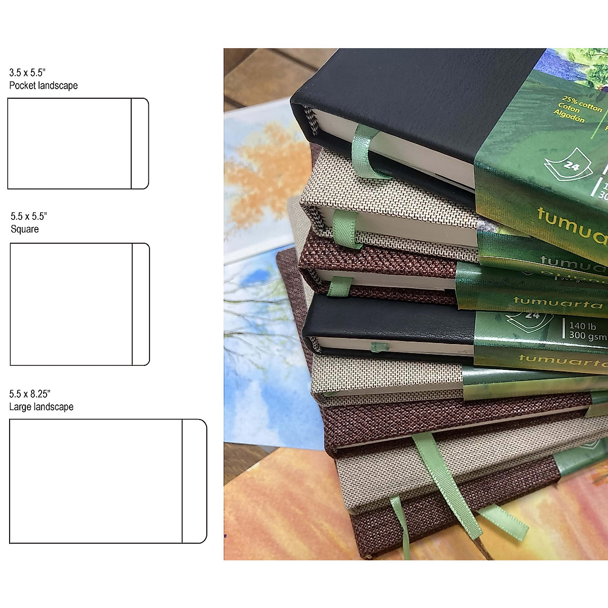 Square Watercolor Journal, 5.5x5.5”, 140 LB, 300 GSM, tumuarta Cotton Paper, Cold Press, 24 Sheets, 48 Pages, Watercolor Paper Notebooks for Use As Travel Sketchbooks and Mix Media Pad On The Go