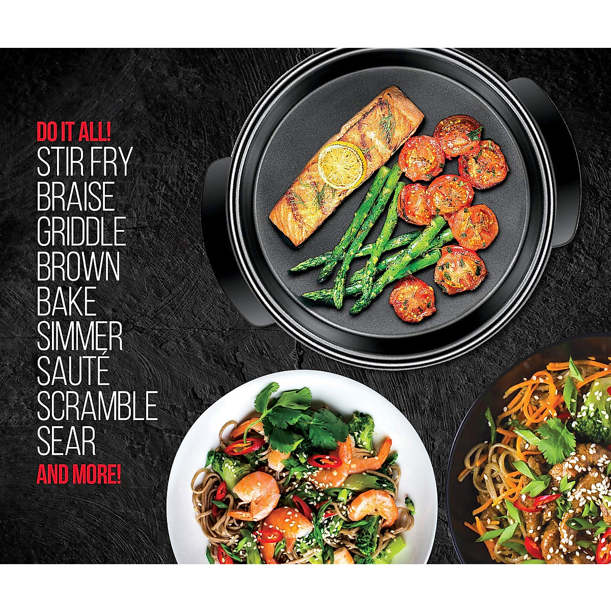 Chefman Electric Skillet - 12 Inch Round Frying Pan with Non Stick Coating, Temperature Control, Tempered Glass Lid, Cool-Touch Handles and Knob, Black