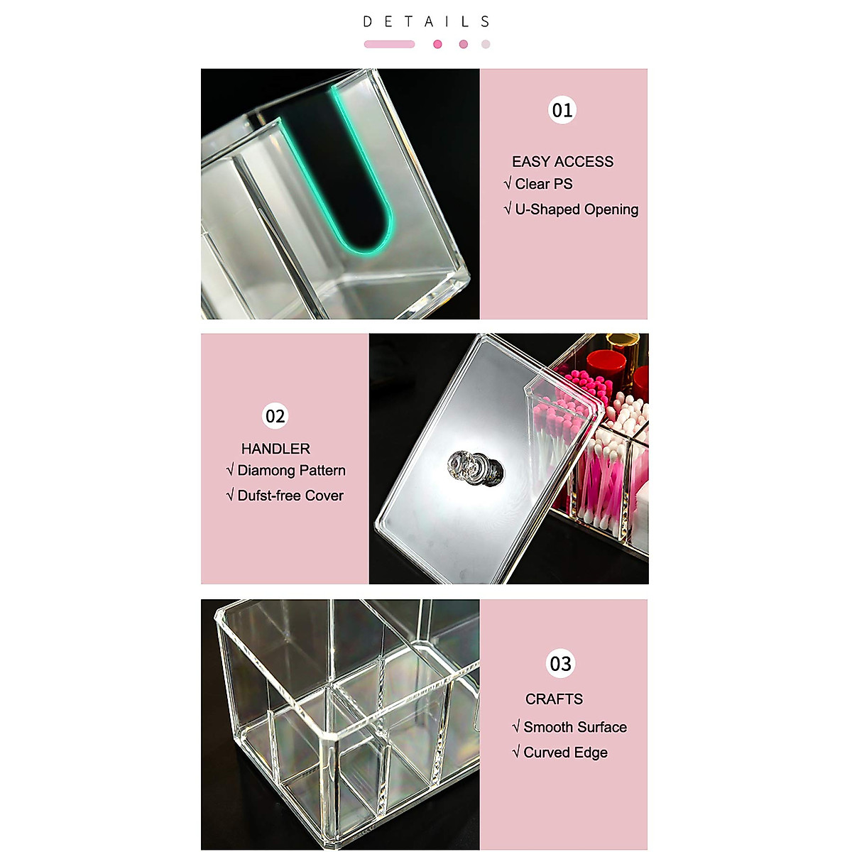 MOOCHI Q-Tips Cotton Swab Holder Makeup Pads Sponge Lipstick Container with Lid Acrylic 2 Trays Bathroom Bedroom Organizer