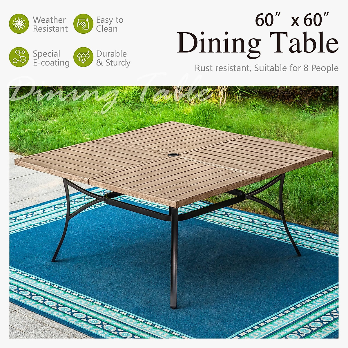 Sophia & William 60" Large Outdoor Patio Table for 8, Outdoor Square Metal Dining Table with 1.9" Adjustable Umbrella Hole, All Weather Wrought Iron Furniture Table for Garden Deck, Brown