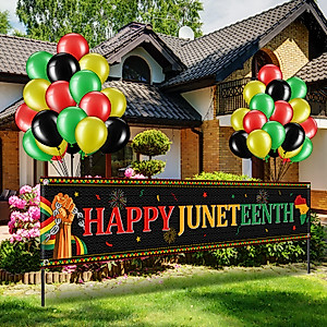 38Pcs Happy Juneteenth Decorations,Large Fabric Juneteenth Banner Patriotic Yard Sign and 36 Pieces Latex Balloons Ribbon for Juneteenth African Afro American June 19th Holiday Birthday Party Supplies
