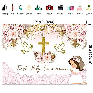 Wollmix 1st First Communion Baptism Decorations Backdrop 7x5ft God Bless Holy Communion Banner Christening Gold Dots Pink Boho Floral Doves Photography Background Baby Shower Banner Photo Booth Props