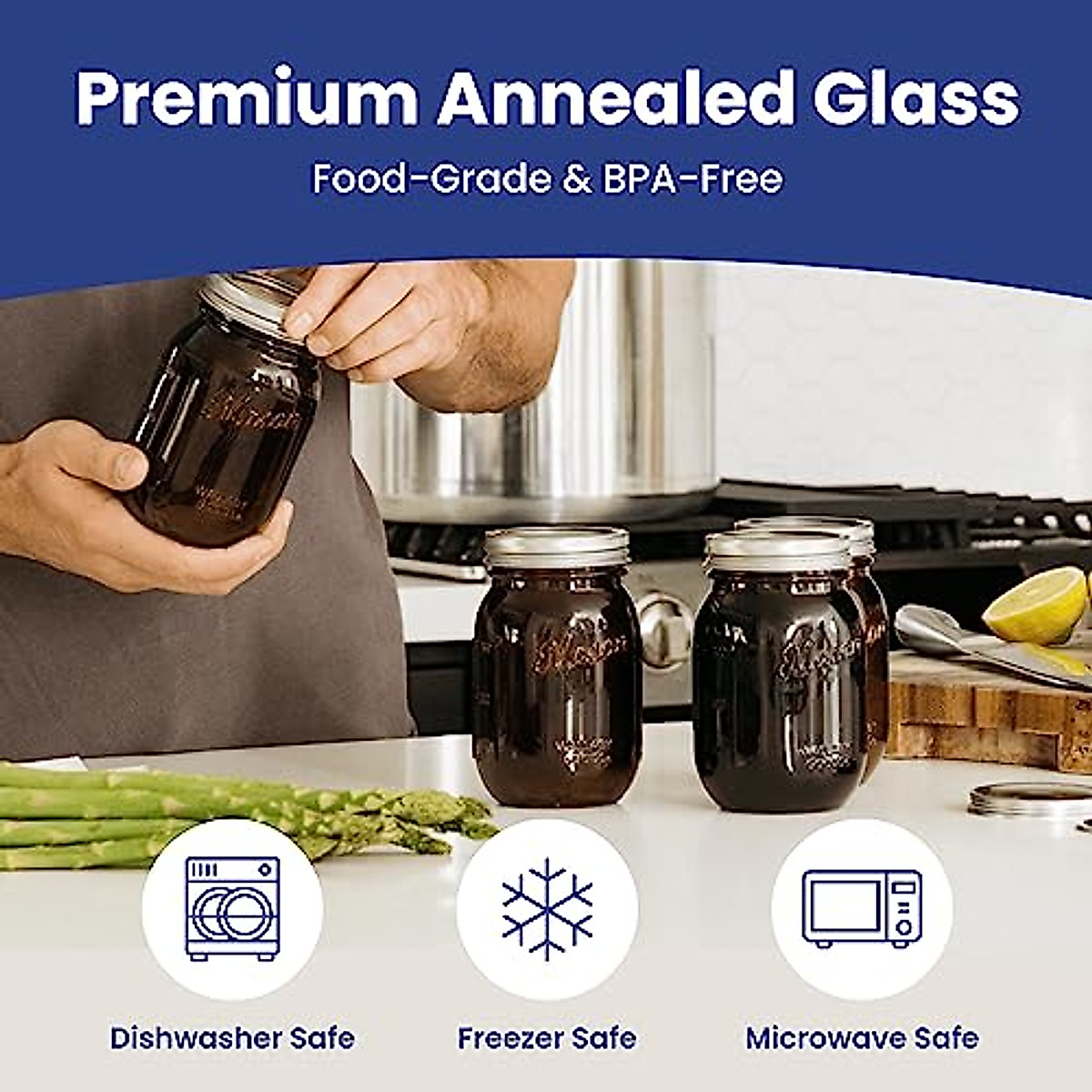 Wallaby 16oz Regular Mouth Amber Mason UV-Blocking Jars with Lid & Seal Bands - Airtight Glass Container for Canning, Pickling, Food Storage, Candles, Overnight Oats, Fruit, Jam, Jelly or DIY (4-Pack)
