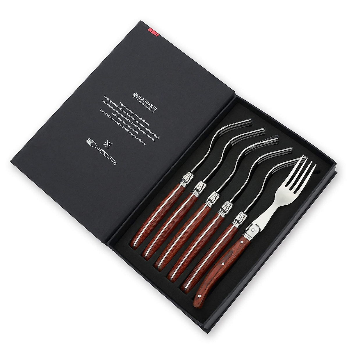 Forks Set of 6, Hailingshan Heavy Duty Stainless Steel Dinner Table Flatware Set, Laguiole Premium Kitchen Cutlery Utensils Salad Meat Steak Fork Mirror Finish Wooden Handle 23cm 6-Piece [Gift Box]