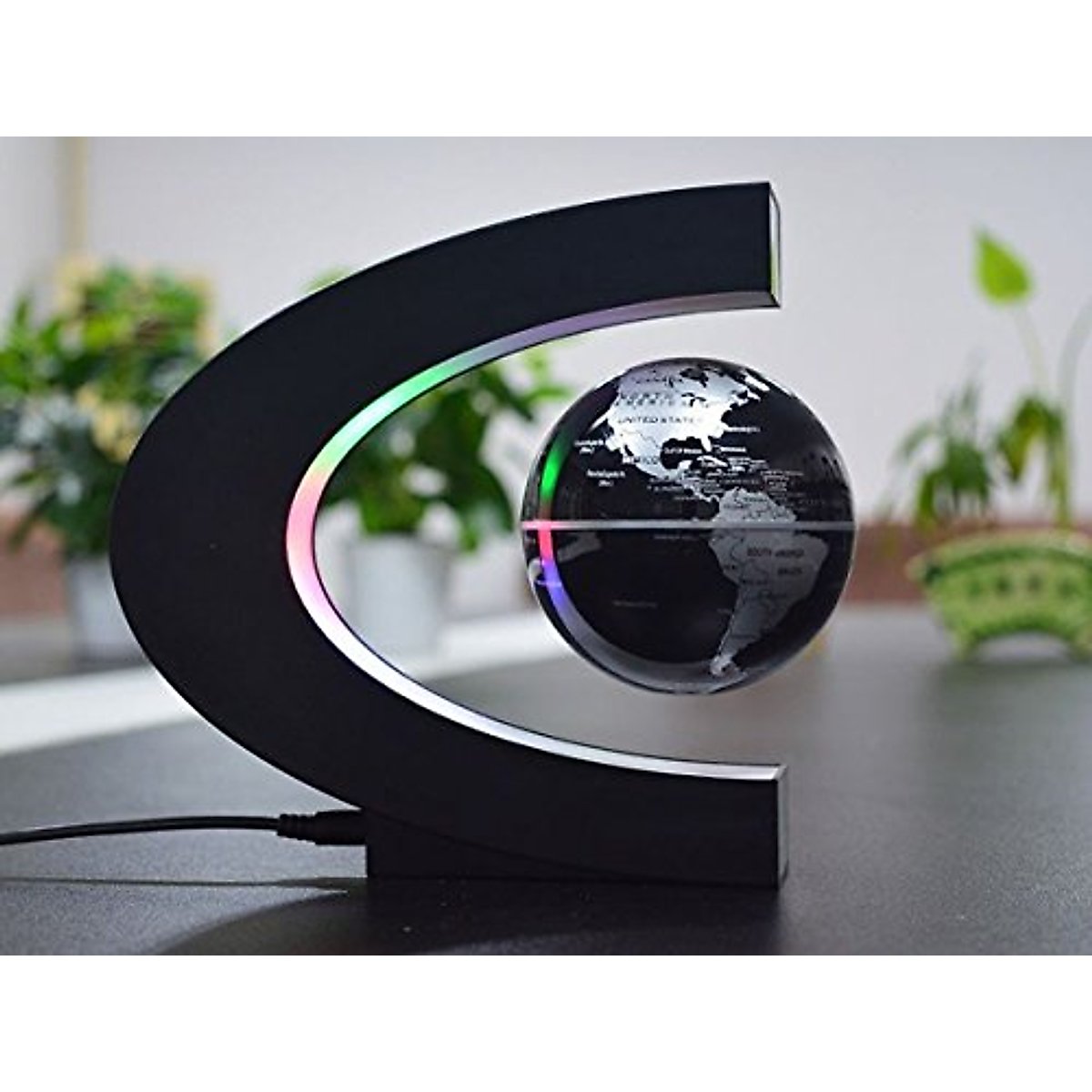 Senders Floating Globe with LED Lights C Shape Magnetic Levitation Floating Globe World Map for Desk Decoration (Black-Silver)
