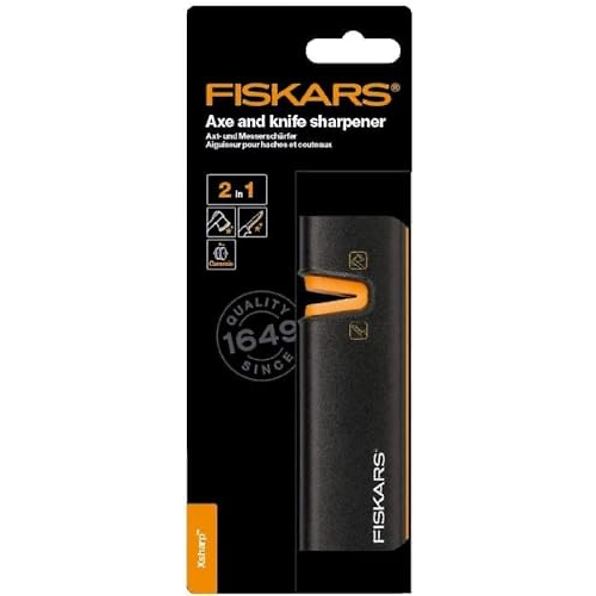 Fiskars XSharp Axe and Knife Sharpener, Ceramic sharpening stone/Fiberglass reinforced plastic case, Black/Orange, 1000601