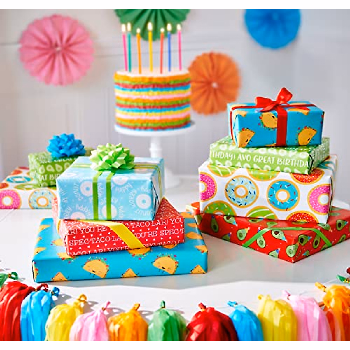 American Greetings Reversible All Occasion and Birthday Wrapping Paper, Punny Food (3 Rolls, 120 sq. ft.)