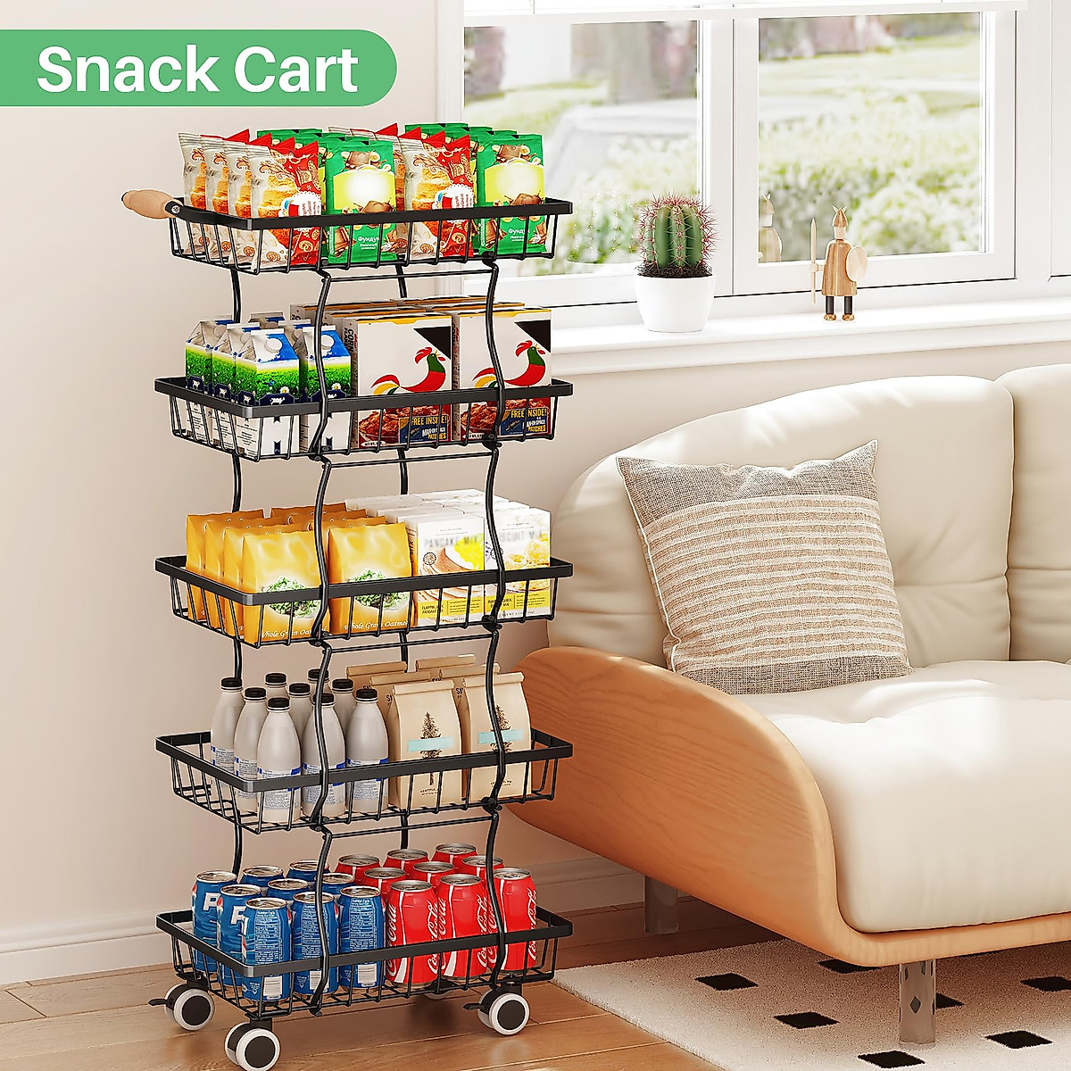 5 Tier Fruit Basket for Kitchen, Stackable Fruit and Vegetable Wire Basket with Wheels for Banana Onions and Potatoes Storage and Organization, Black