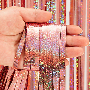 BRAVESHINE Rose-Gold Metallic Tinsel Backdrop - 2Pcs 3.2x8.2ft Metallic Tinsel Foil Fringe Curtains Photo Booth Streamers for Bridal Shower Bachelorette Engagement Mother's Day Party Decorations