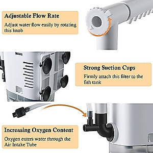 VILLNO Internal Multi-Functional Filter for Aquarium,300 GPH 15W Power Filter for 30-80 Gallon Fish Tank, Submersible Aquarium Filter