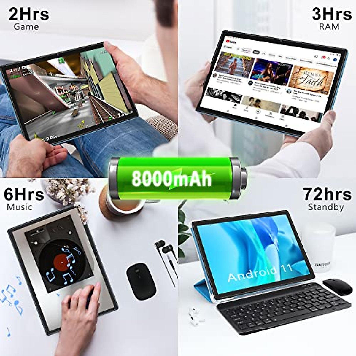 Oangcc 10.1" Android 11 Tablet, 2 in 1 Tablet 4GB RAM 64GB ROM (Up to 128G) Dual Camera Computer Tablet PC with Bluetooth Keyboard | Wireless Mouse | Stylus | Case | and More - Blue
