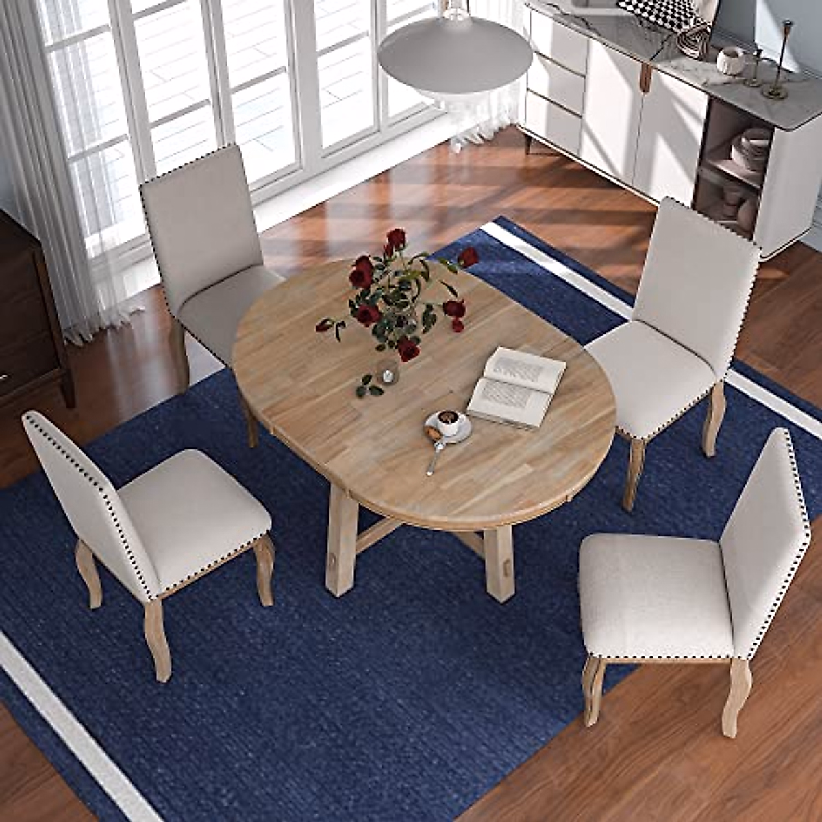 SIYAHOME Table & Chair, Farmhouse Round Extendable 4 Upholstered Chairs, Furniture Dining Room (Natural Wood Wash), 5-Piece Table Set