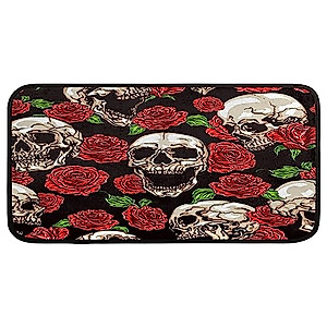KOBLEN Skull and Red Roses Kitchen Rugs Non Slip Washable Absorbent Kitchen Mats 20x39 inch Cushioned Anti Fatigue Kitchen Floor Mats for in Front of Sink