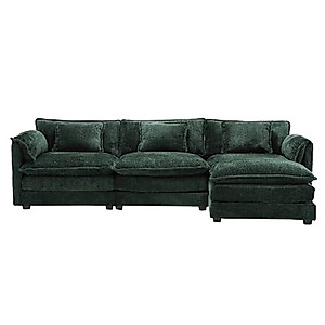 FANYE L-Shaped Corner Convertible Modular Sectional Sofa Couch W/Movable Ottoman and 3 Pillows, Chenille Upholstery Double Cushions Deep Seat Sleeper Sofa&Couch for Home Office Apartment Living Room