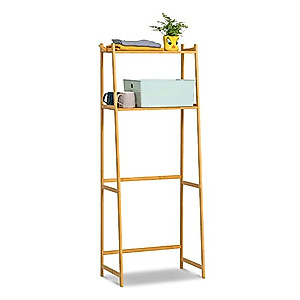 MoNiBloom 2-Tier Bamboo Over The Toilet Storage Rack with Hooks Freestanding Bathroom Space Saver Corner Stand Storage Organizer, Natural