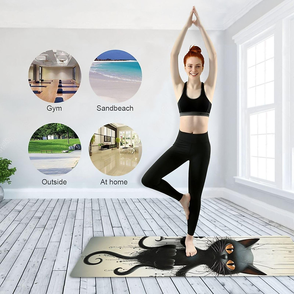 GOODOLD Funny Black Cat Yoga Mat, 71 x 26 Inch Non-slip Yoga Mats Folding Travel Exercise Mat Indoor Outdoor Gym Pilates with Storage Bag for Women Men