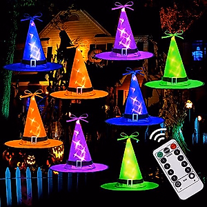 Ivenf Halloween Decorations Outdoor 8 Pcs 8 Lighting Modes LED Lights Witch Hat Lights Halloween Decor Hocus Pocus Decor for Garden Yard Indoor Outside Party, 19.6ft, 4 Colors