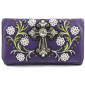 Zelris Western Cross Daisy Flower Women Crossbody Wrist Trifold Wallet (Purple Violet)