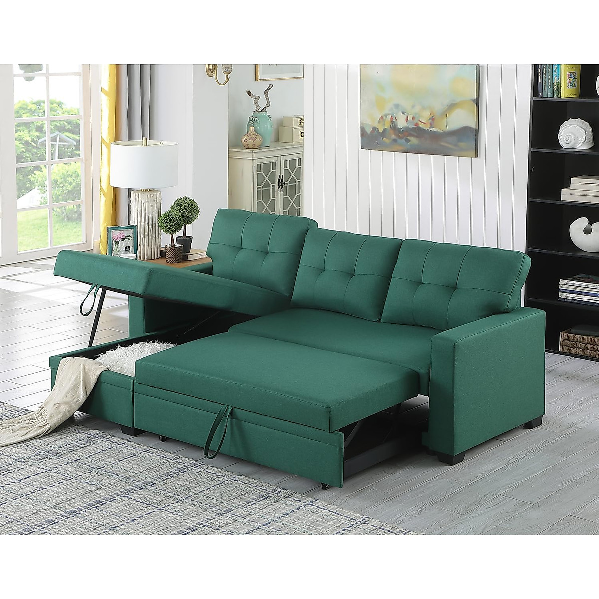 Devion Furniture L-Shaped Polyester Fabric Reversible, Easy Convertible Pull-Out Sleeper Sectional Sofa/Storage Chaise with Tufted Back Cushions and Track Arms in Green