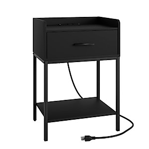 Masupu Nightstand with Charging Station,3-Tier Modern Bedside Night Stand with Storage Drawer and Shelf,Small End Side Table for Bedroom,Living Room,Black