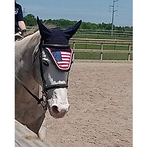 American USA Flag Horse Bonnet with Ears NET Fly Veil MASK Hood Crochet Cotton Hand Made Breathable Full Size Stretchable Ears Equestrians TACK Shows (Full/Horse)