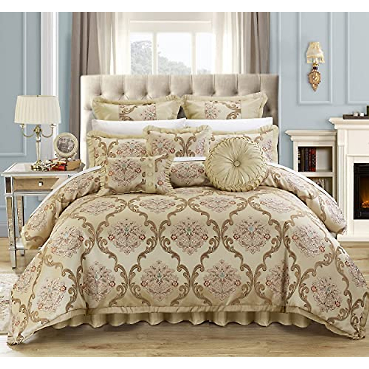 Chic Home - CS4610-AN 9 Piece Aubrey Decorator Upholstery Comforter Set and Pillows Ensemble, King, Beige