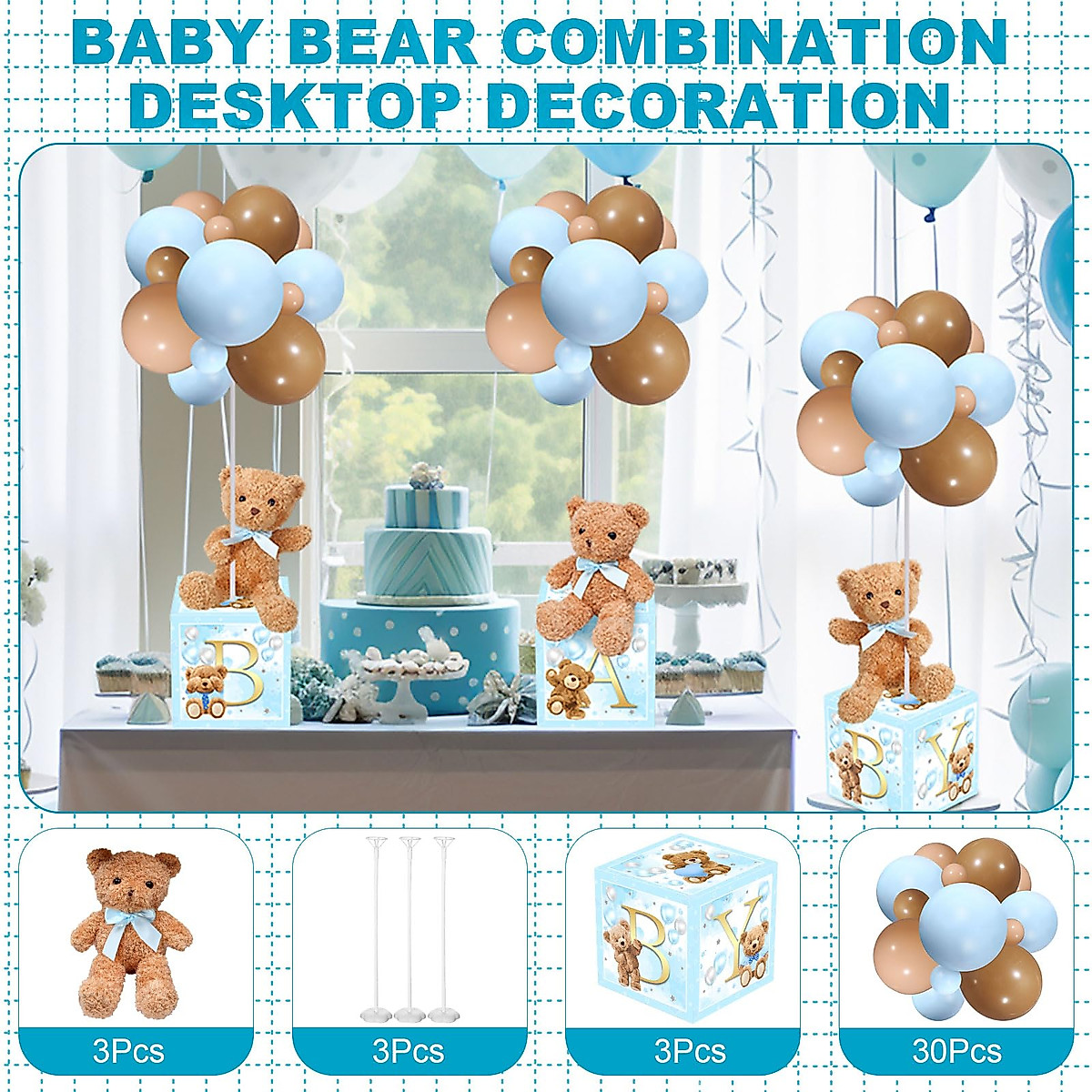 Lenwen 3 Sets Jungle Animal Decoration for Baby Shower, Baby Letter Boxes Baby Shower Table Centerpiece Stuffed Animals Balloon with Stand Animal Plush Baby Boxes for Party(Bear, Blue)