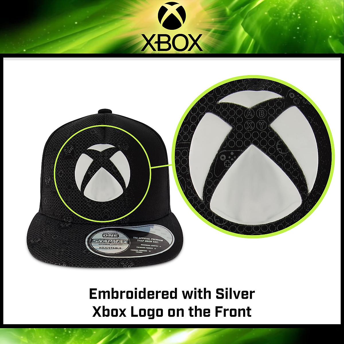 Microsoft Xbox Baseball Hat, Skater Adult Snapback Cap with Flat Brim, Baseball Cap, Black, One Size