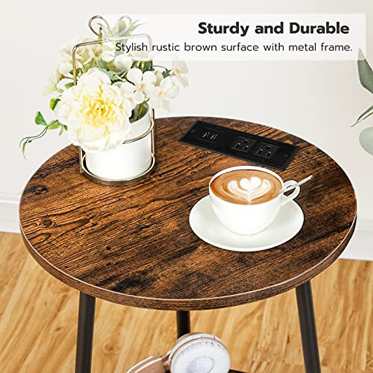 HOOBRO End Table with Charging Station, 2-Tier Round Side Table with Wooden Shelves, Modern Farmhouse Small Accent Table for Living Room Bedroom, Small Spaces, Rustic Brown and Black BF671BZ01