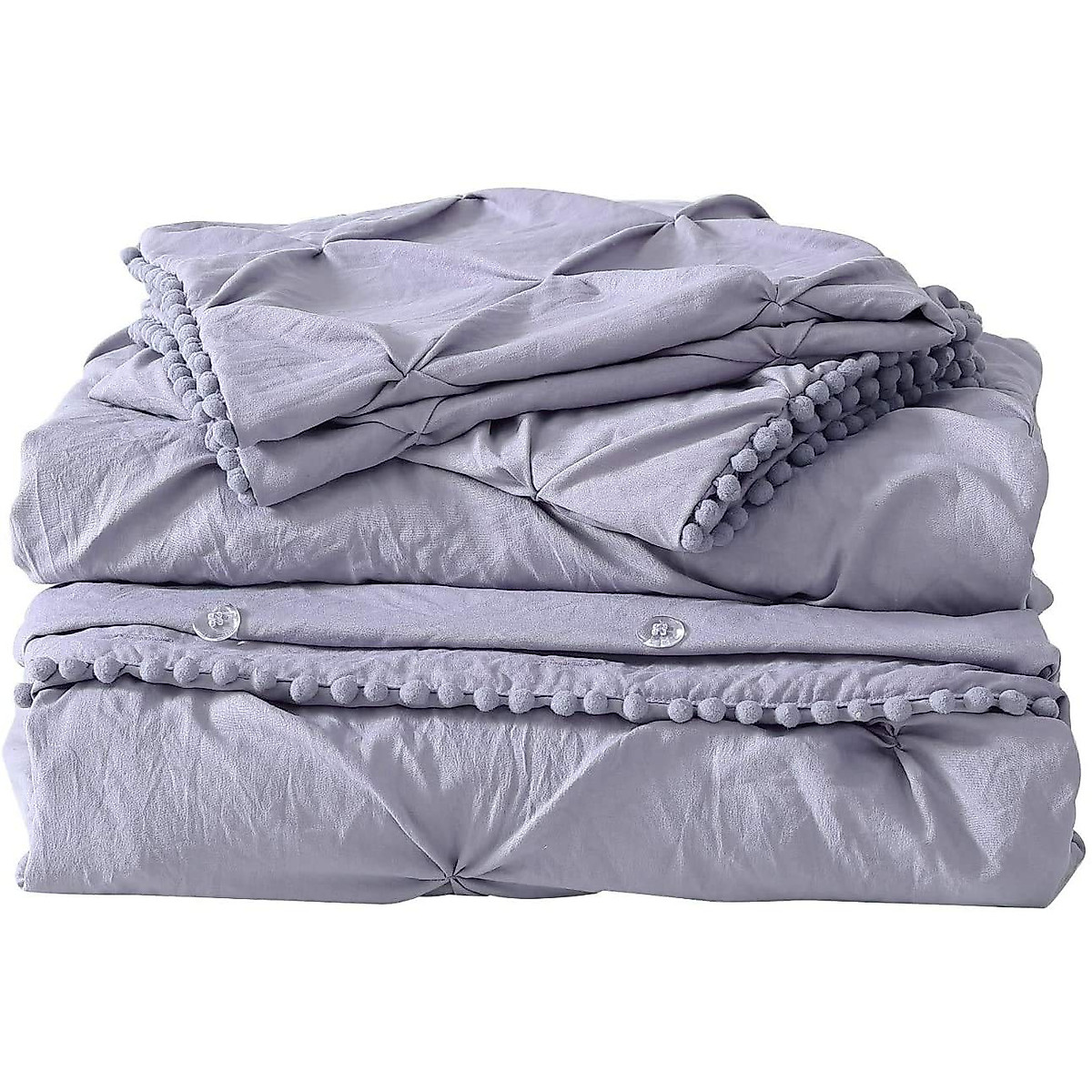 Chezmoi Collection Natalia 3-Piece Pom Poms Fringe Pinch Pleat Duvet Cover Set - Hypoallergenic Soft Washed Microfiber Comforter Cover with Button Closure and Corner Ties - Queen, Purple