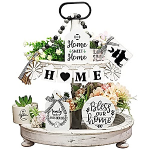 10 Pcs Farmhouse Tiered Tray Decor Farmhouse Home Decor Mini Signs Rustic Home Wood Sign Cutting Broad House Shaped Table Decor Buffalo Plaid Farm Fresh Sign (Home Style)