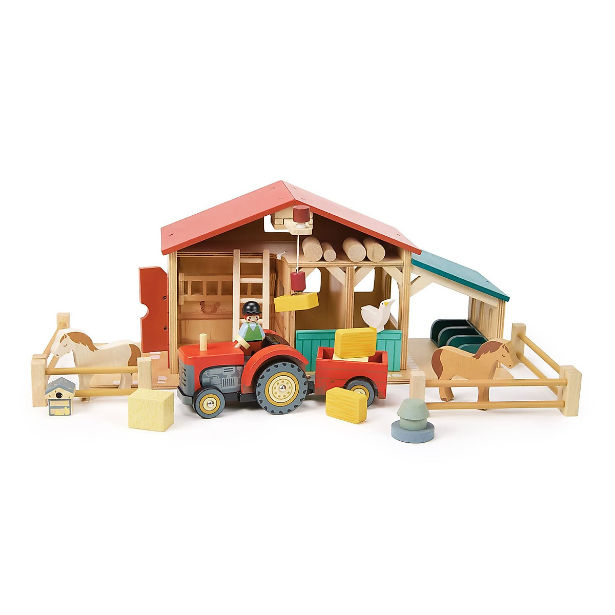 Tender Leaf Toys - Farmyard Tractor - Wooden Tractor Toy with Removeable Trailer, Animals and Accessories - Open-Ended Play Toy, Farm Pretend Play for Boys and Girls - Age 18m+