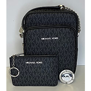 Michael Kors Jet Set Travel Medium Logo Crossbody bundled SM TZ Coinpouch & Purse Hook (Signature MK Black)