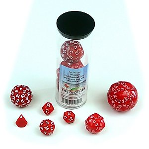 Set of Unique Dice: d4, d8, d12, d24, d48, d60, and d120 in Red