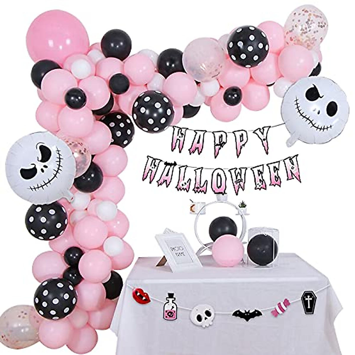 CheeseandU 109 Pieces Halloween Balloons Arch Set Include Black White Pink Latex Balloons Garland, Skull Foil Balloon, Happy Halloween Banner for Halloween Party Home Classroom Decorations