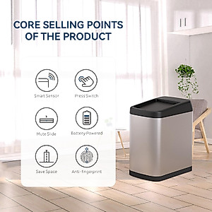 ELLO&ALLO 13 Gallon Kitchen Trash Can with Roll Up Lid, Automatic Touchless Motion Sensor Rectangular Trash Can, Brushed Stainless Steel Finish
