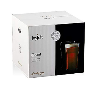 JoyJolt Grant 19oz Beer Pint Glasses Set of 4. Large Beer Pint Glass Capacity in a Traditional Pub Drinking Glasses Design. Oversized Beer Glasses Set for Guinness, Stout, and Big Craft Beer Glasses