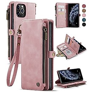 Defencase iPhone 11 Pro Max Wallet Case, PU Leather Magnetic Flip, Wristlet Strap, Zipper Card Holder, 6.5", Rose Pink
