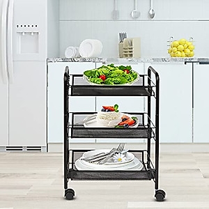 Ruishetop Rolling Push Cart Stand Shelves, Storage Rack with Wheels with Mesh Wire Basket, Multifunction Metal Trolley Organizer for Home, Office, Bedroom, Bathroom, Kitchen (3-Tier Black)