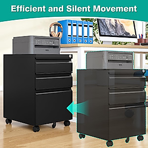 3 Drawer File Cabinet with Lock,Under Desk File Cabinet with Wheels,Black Rolling File Cabinet,Three Drawer Metal Filing Cabinet for Home Office,Fit A4/Letter/Legal File,Fully Assembled Except Casters