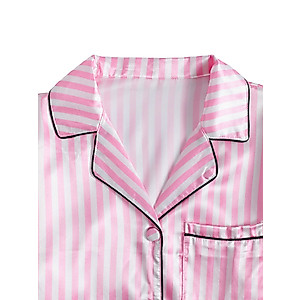 LYANER Women's Pajamas Set 7pcs Silk Satin Sleepwear Loungewear Cami Shirt Pj Set Striped Pink Medium