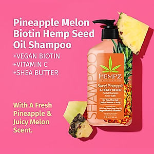 Hempz Biotin Shampoo - Sweet Pineapple & Honey Melon - For Thin/Fine Hair Growth & Strengthening of Dry, Damaged and Color Treated Hair, Hydrating, Softening, Moisturizing - 17 Fl OZ