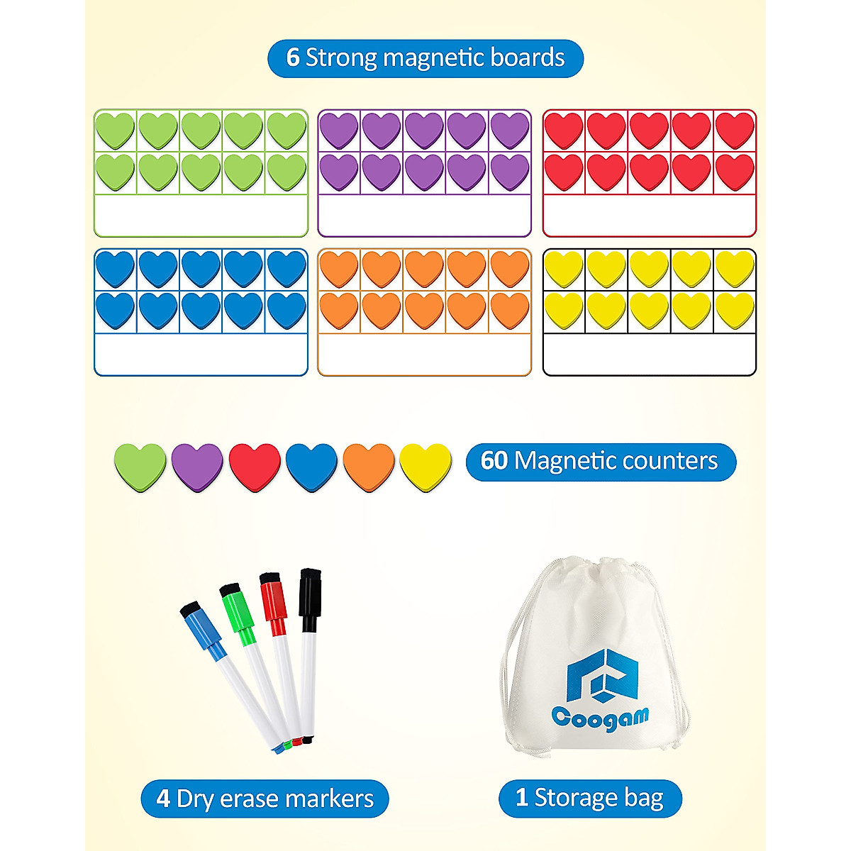 Coogam Magnetic Ten Frame Set, Math Manipulative Games for Kids with 6 Ten Frames 60 Magnetic Math Counters, Montessori Educational Toy Gift for Preschool Kindergarten 3 4 5 Year Old Toddlers