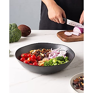 AmorArc 9.75 inch Stoneware Flat Pasta Bowls, 38oz Large Wide Bowls Set of 4 for Kitchen, Microwave Safe Bowls with Wavy Rim for Pasta Salad, Matte Black