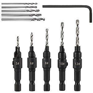 Saipe 5pcs Wood Countersink Drill Bit Set Hex Shank Quick Change Counter Sinker Pre Hole Drill Bit Set Screw Counterbore Bit Pilot Bit Set #5, 6, 8, 10, 12 for Woodworking and Carpentry