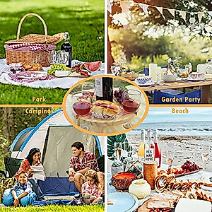 YWMSGM Outdoor Folding Picnic Table, Wooden Portable Cheese Tray or Fruit Snack Compartment Tray with 4 Wine Glass Holders, No Assembly Required, Suitable for Potluck Camping, Beach Concert