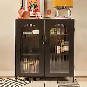 Creative Co-Op Solstice Wide Metal 2 Adjustable Storage Shelves and Arched Glass Door, Black Accent Cabinet, 40"